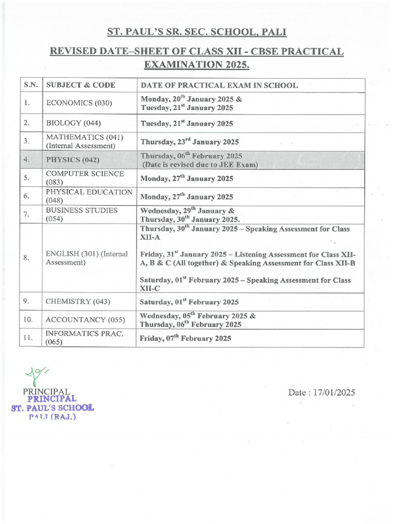 Revised Date Sheet Cbs e Practical 25 | PDF