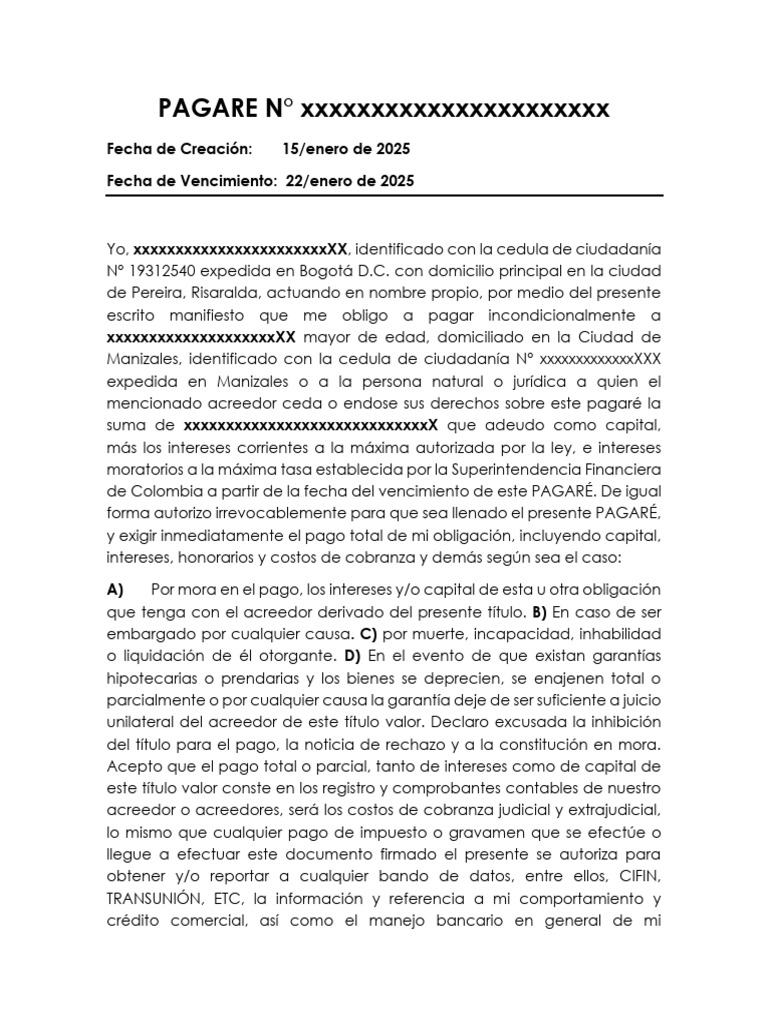 PAGARE N. XXXXX EDITABLE | PDF | Pagos