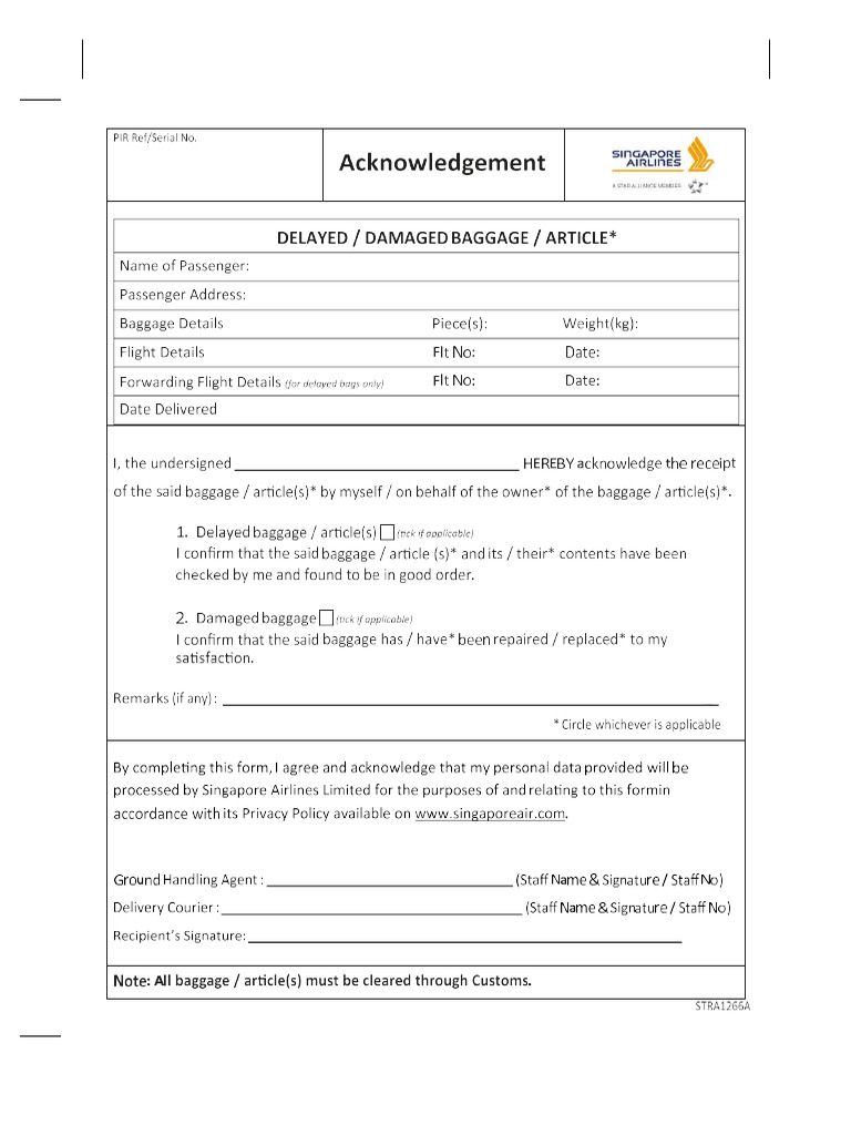 STRA1266A - Baggage Delivery Acknowledgement | PDF