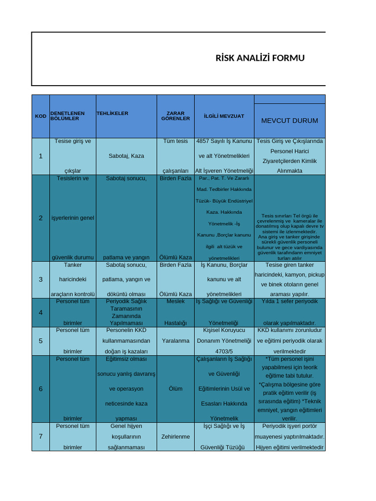 Ri̇sk Anali̇z Formu FR 201 | PDF
