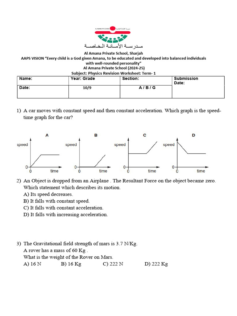 Year 10 Physics Worksheet Term 1 2024-25 | PDF | Force | Acceleration