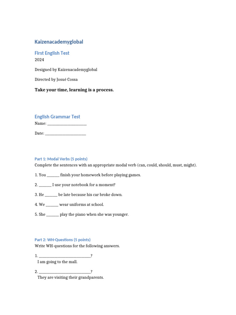 First English Test Kaizenacademyglobal | PDF