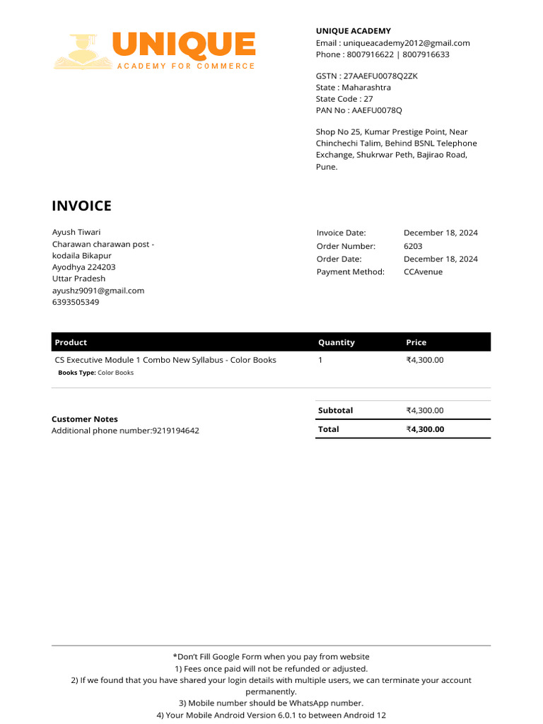Unique Academy Invoice for CS Executive Module | PDF