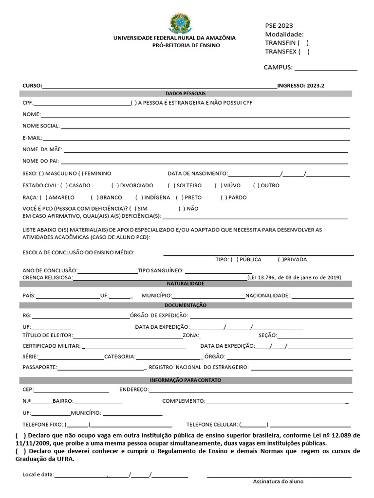 Formulário de Inscrição UFRA 2023 | PDF