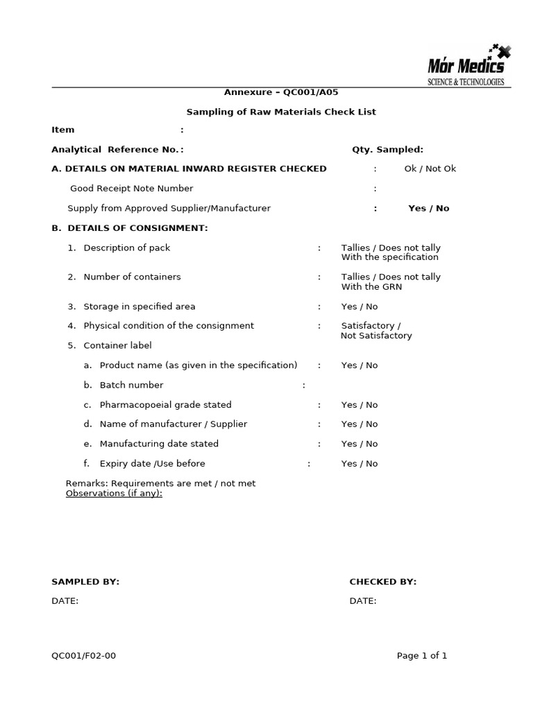 QC001-A05 (Format of Sampling of Raw Materials Check List) F02 | PDF