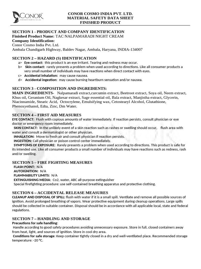 Msds of Nalpamradi Night Cream | PDF | Personal Protective Equipment ...
