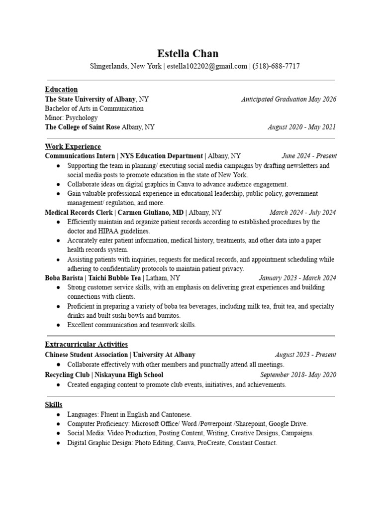 Estella Chan Resume | PDF | Medical Record