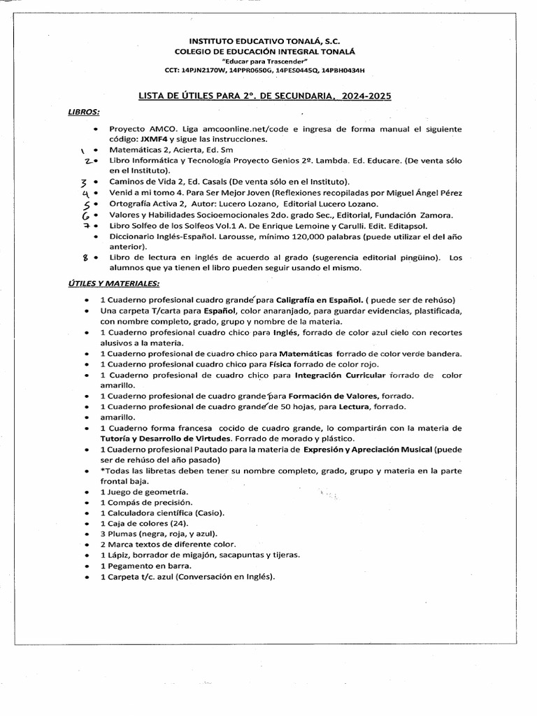 Lista de Útiles 2do Sec 1 | PDF