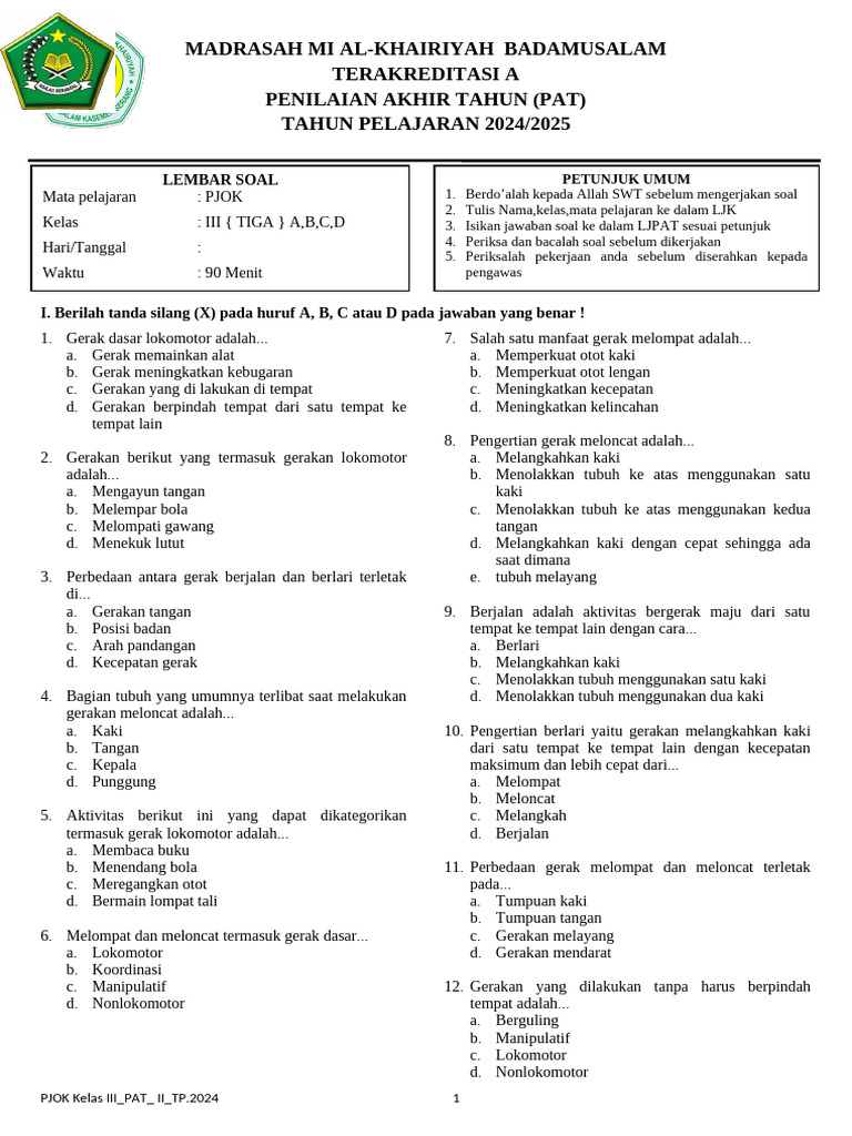 Soal Pat KLS 3 Pjok | PDF