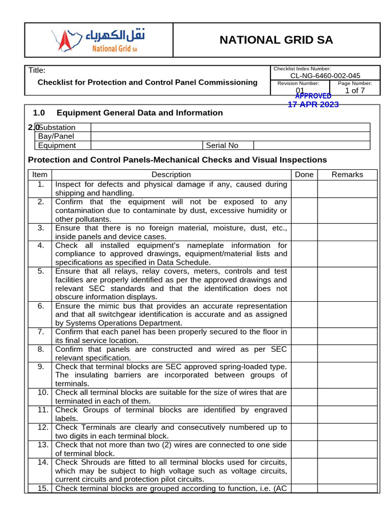 CL-NG-6460-002-045 Checklist For Protection and Control Panels Rev01 ...