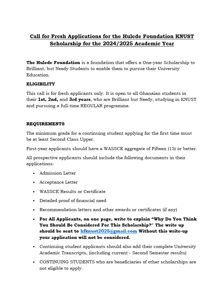 Hulede Foundation KNUST Scholarship 2024 | PDF