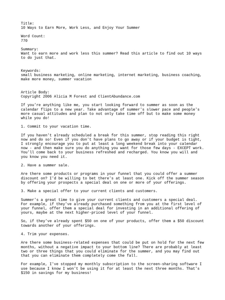 10 Ways To Earn More Work Less and Enjoy Your Summer | PDF