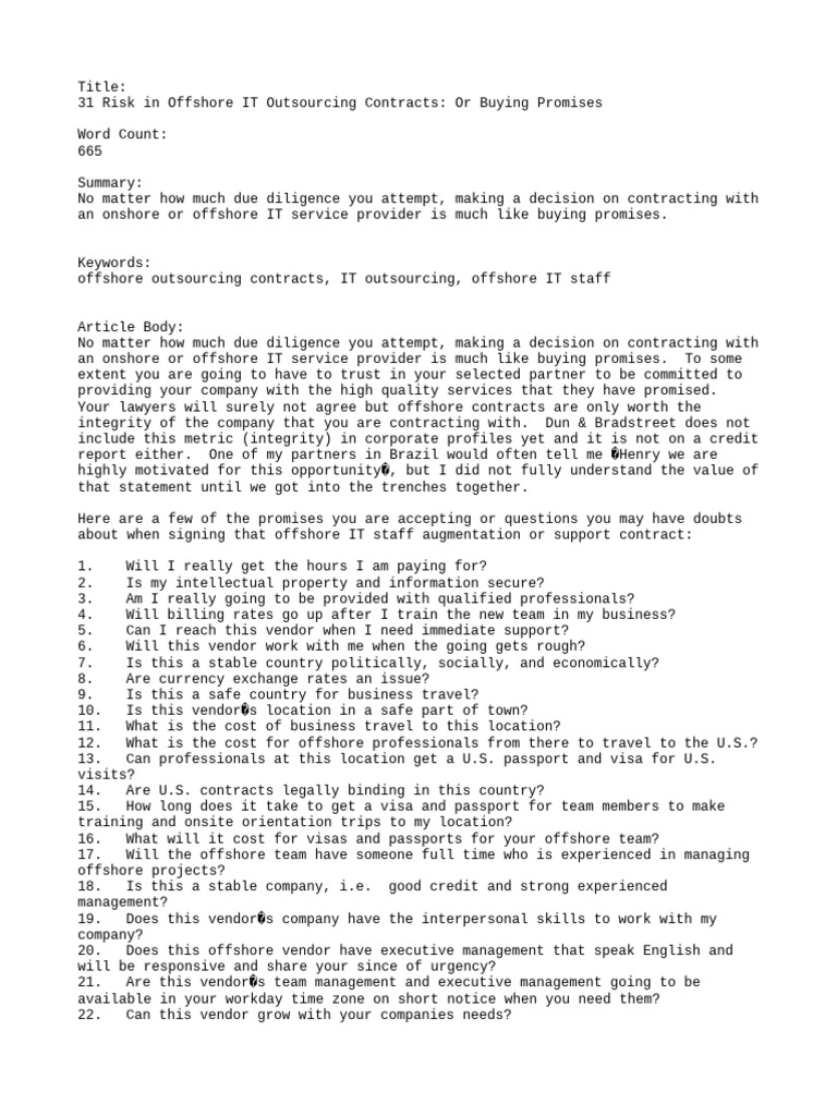 Offshore IT Outsourcing Risks Explained | PDF | Outsourcing | Insurance