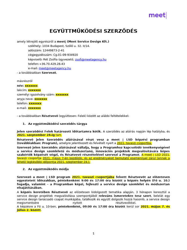 Együttműködési Szerződés LSD Template | PDF