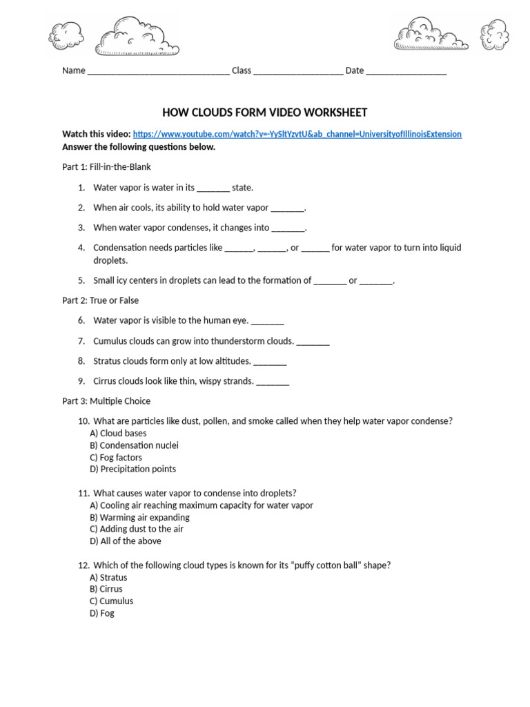 Cloud Formation Video Worksheet | PDF | Cloud | Water Vapor