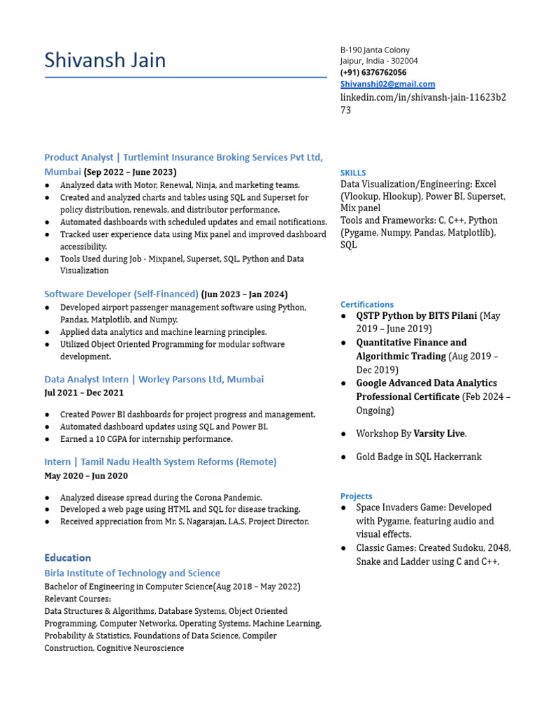 Shivansh Jain: Product Analyst & Developer Resume | PDF | Data Analysis | Computing