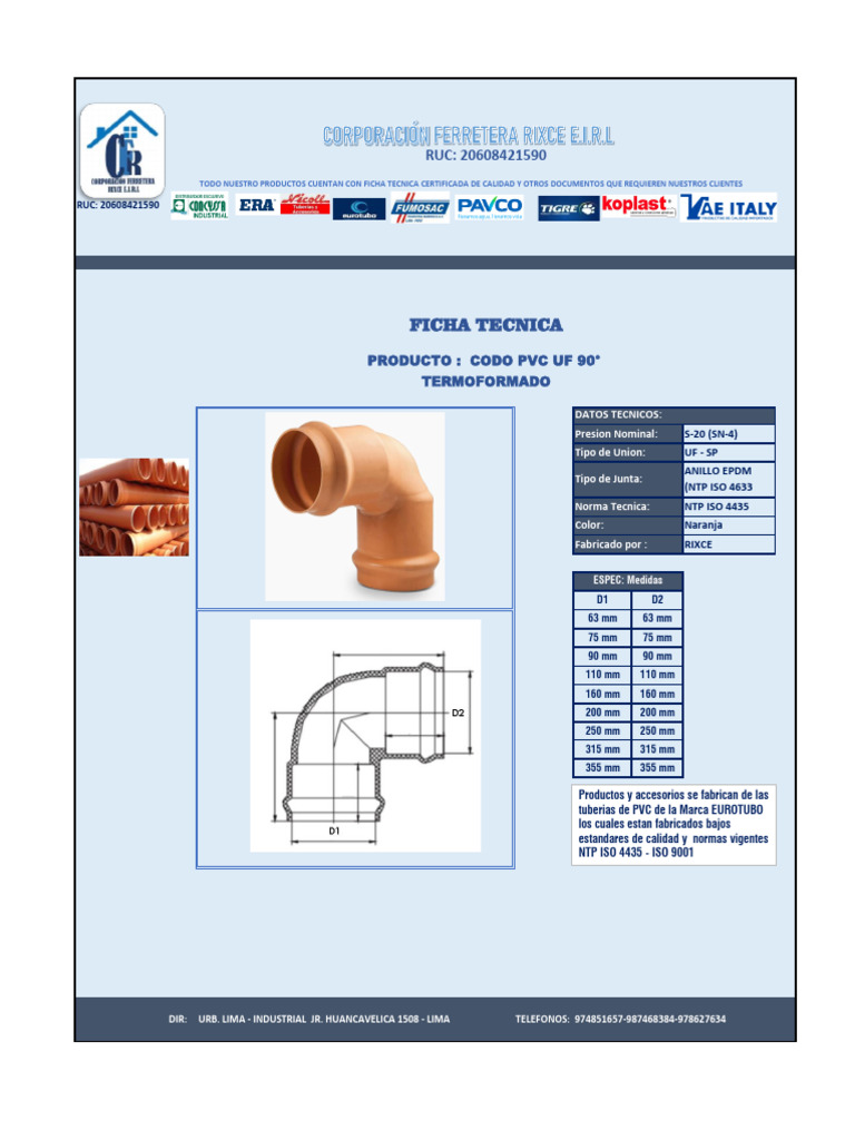 Ficha Tecnica Codo PVC Uf X 90 S-20 - NTP Iso 4435 Termoformado | PDF