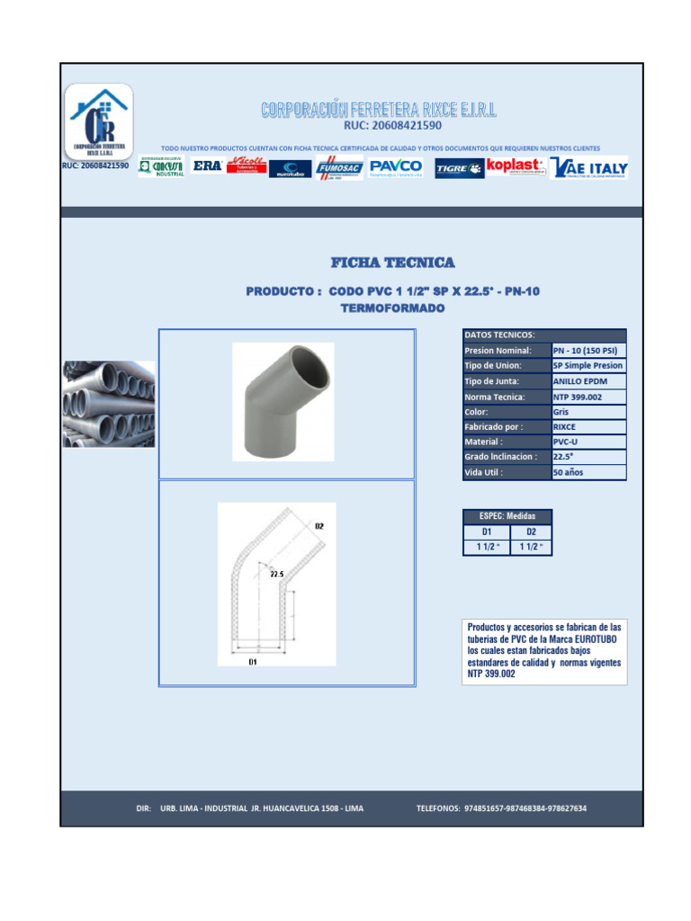 FICHA TECNICA CODO PVC 1 1 y 2 X 22.5 SP C-10 TERMOFORMADO | PDF