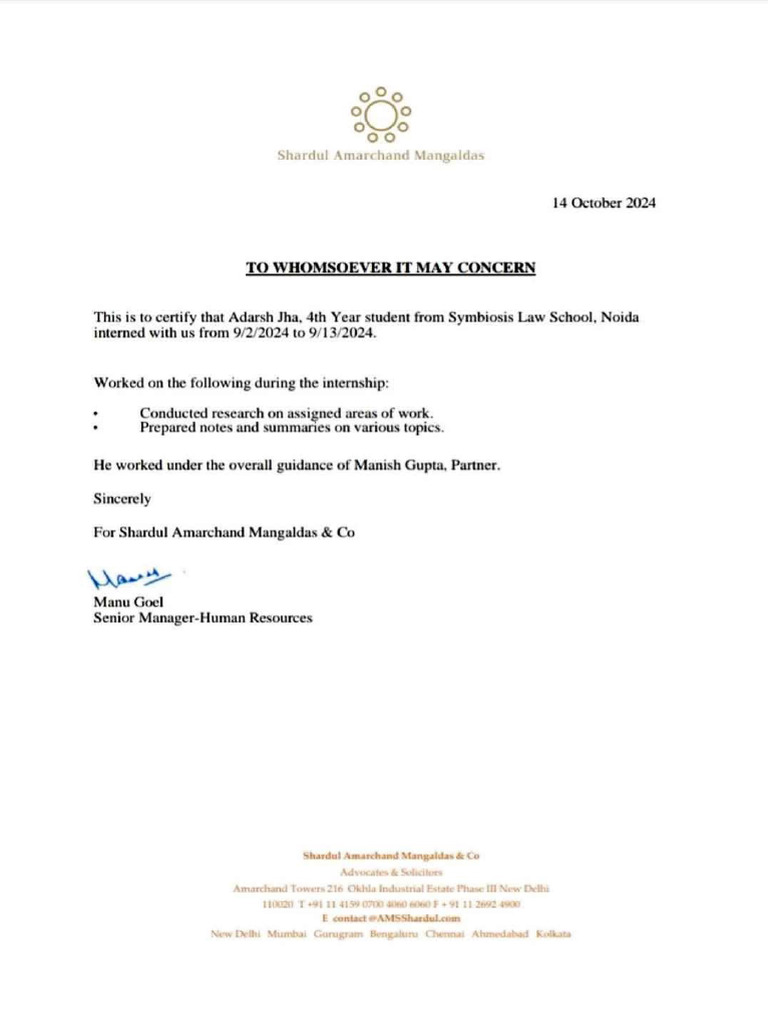 Internship Certification for Adarsh Jha | PDF