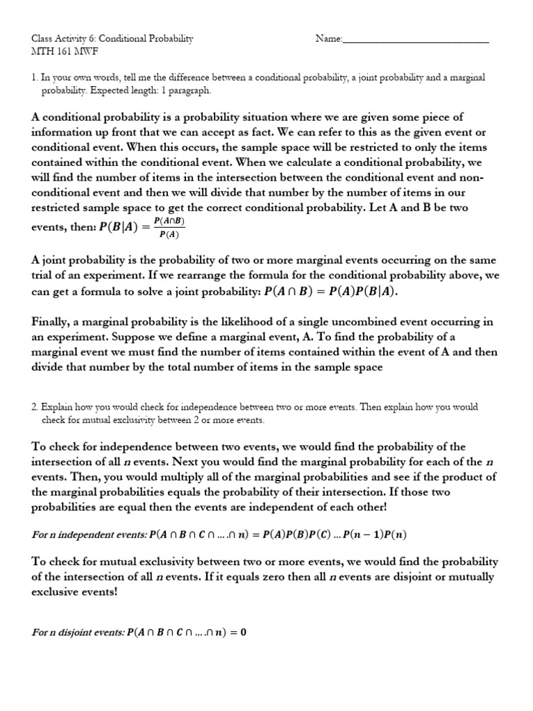 Conditional Probability Activity | PDF | Probability | Measure Theory