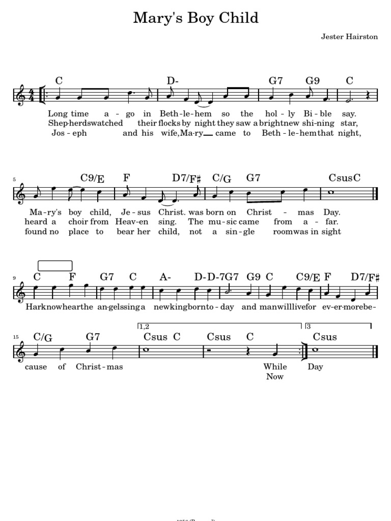 Marys Boy Child Lead Sheet With Lyrics | PDF