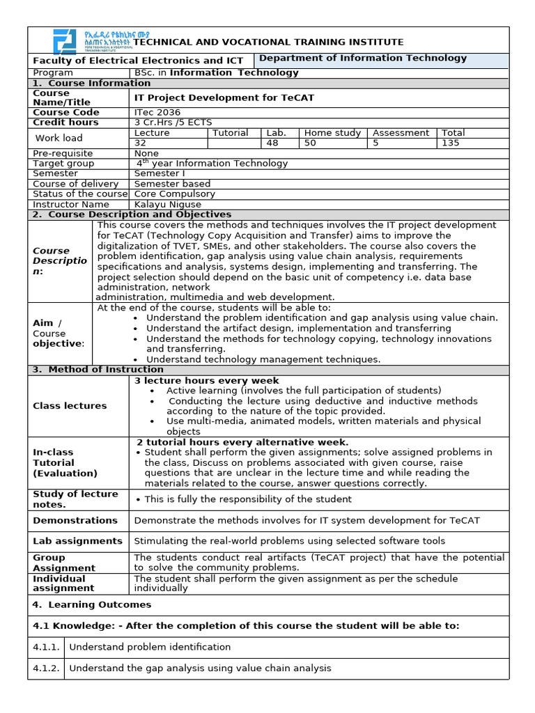 Project Development For TeCAT Course Outline | PDF | Software ...