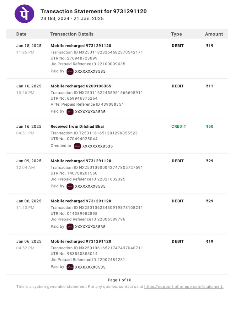 PhonePe Statement Oct2024 Jan2025 | PDF | Debit Card | Financial Services