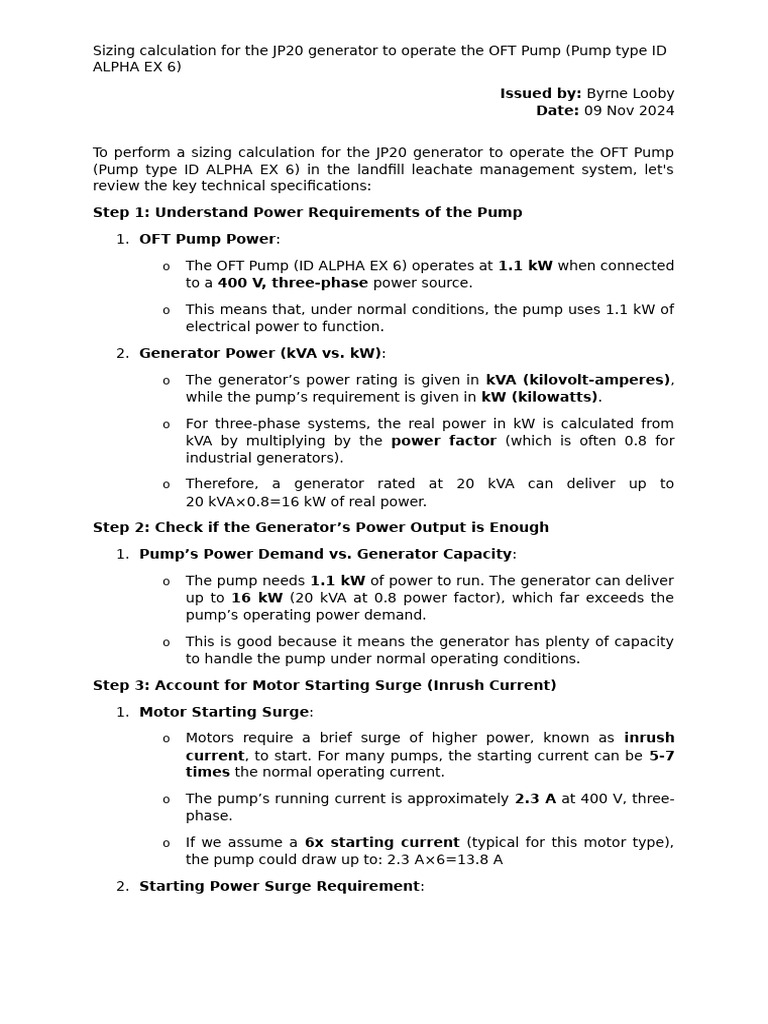Sizing Calculations For JP20 Genset | PDF | Electric Generator | Physical Quantities
