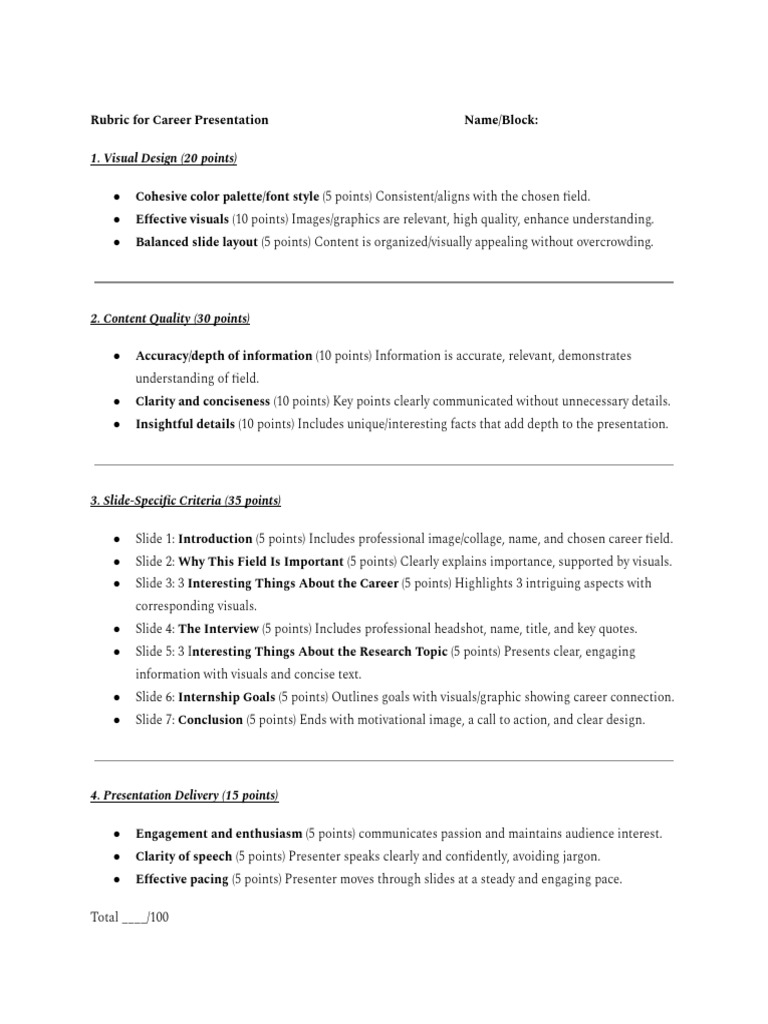 Rubric For Career Presentation | PDF