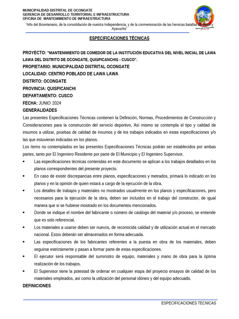 Mantenimiento Comedor IE Lawa Lawa | PDF | Hormigón | Cemento