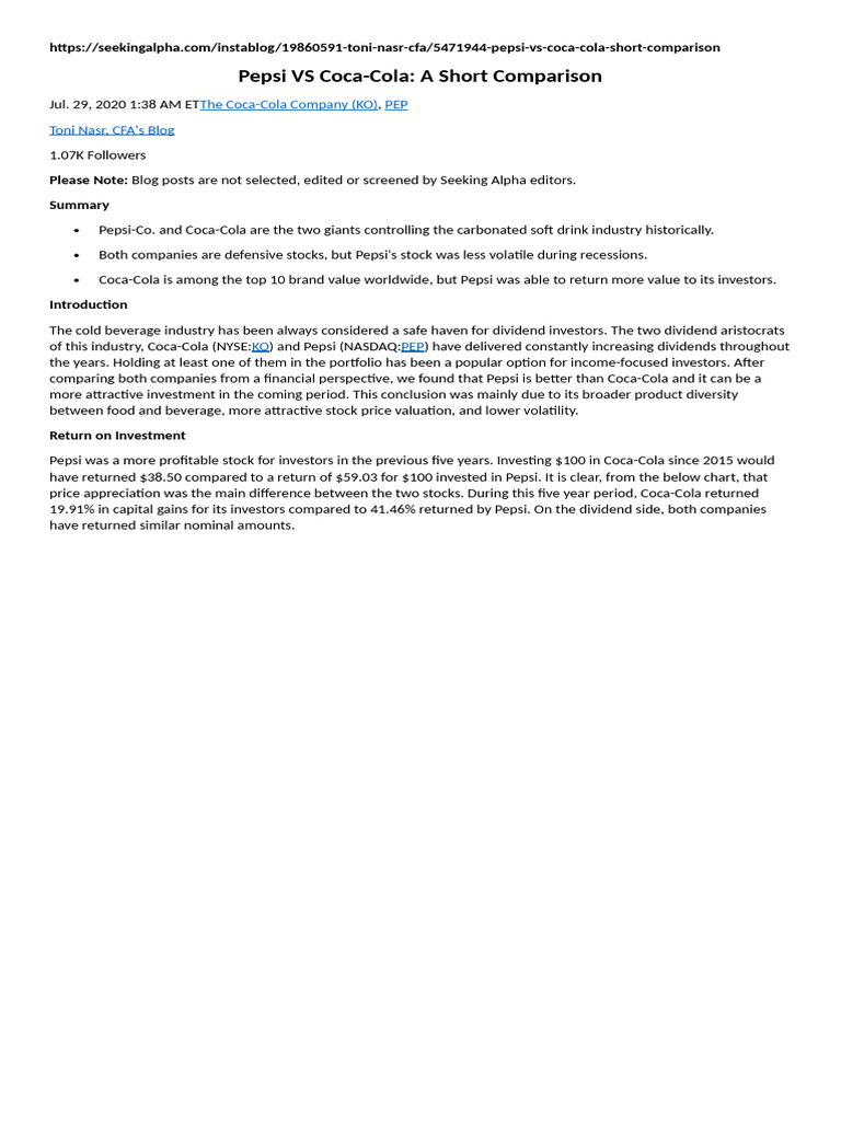 Pepsi vs Coca-Cola: Investment Insights | PDF | Investing | Pepsi Co