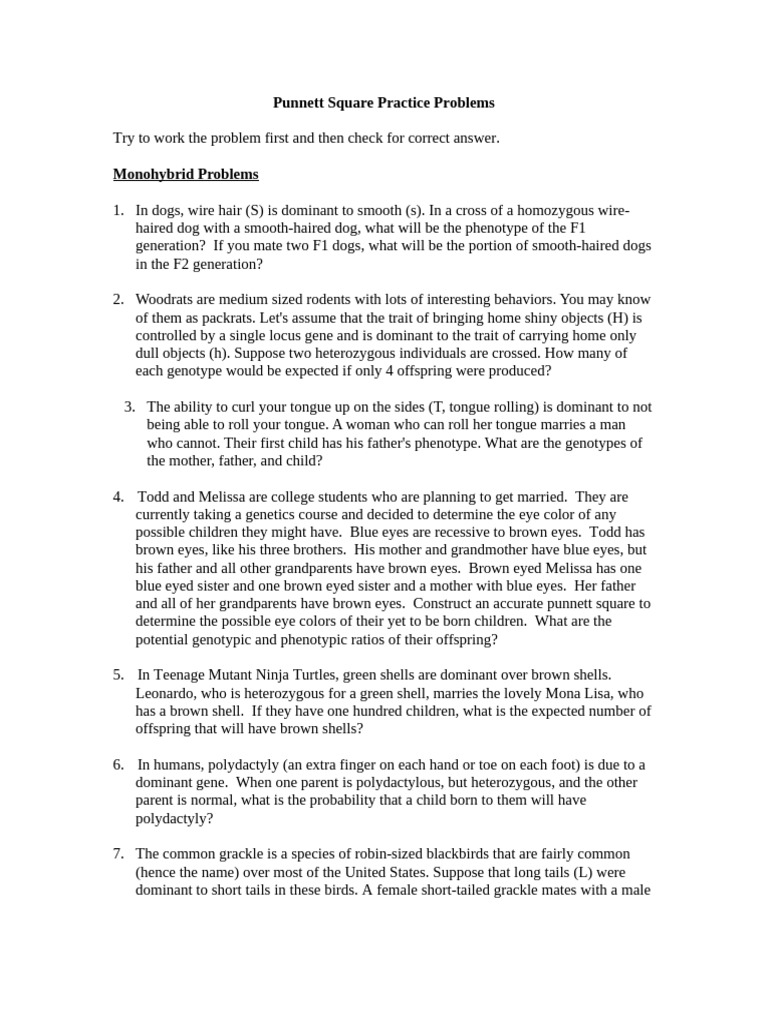 Punnett Square Practice Problems | PDF | Dominance (Genetics) | Genotype