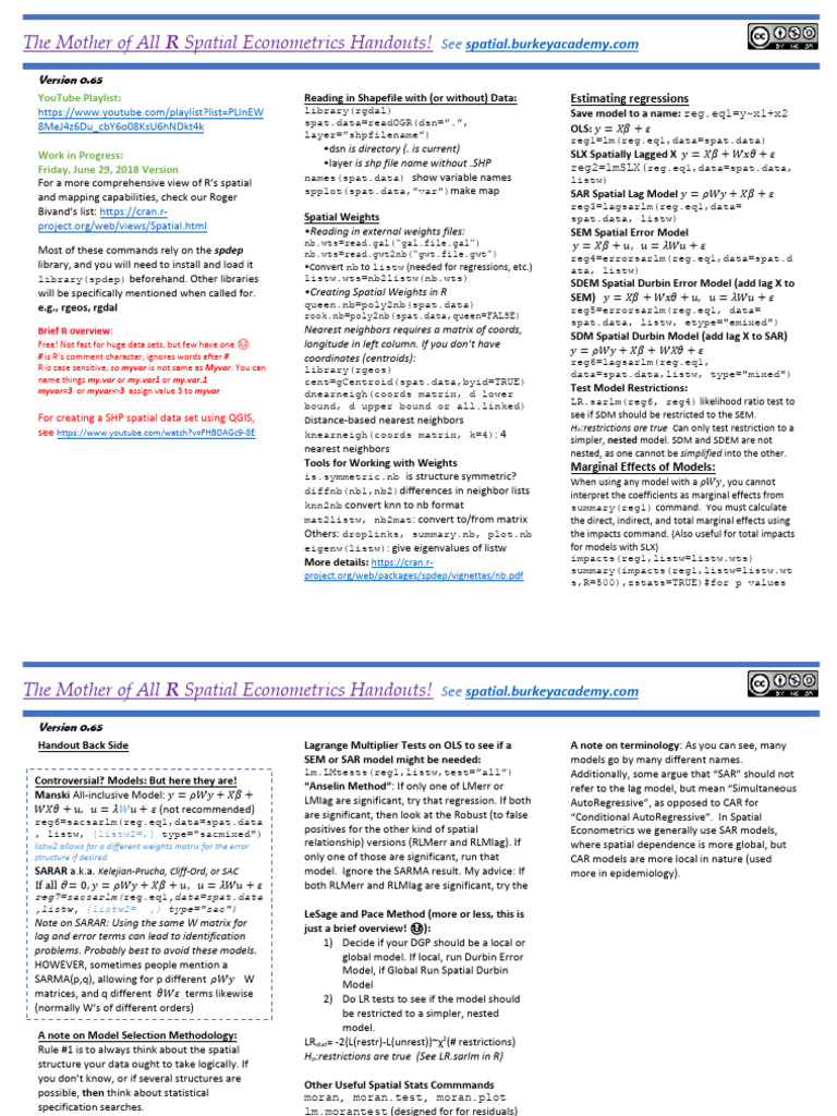 BurkeyAcademy Spatial Regression CheatSheet 0.65 | PDF | Regression Analysis | Estimation Theory