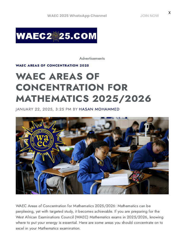 WAEC Areas of Concentration For Mathematics 2025 - 2026 - WAEC 2025 ...
