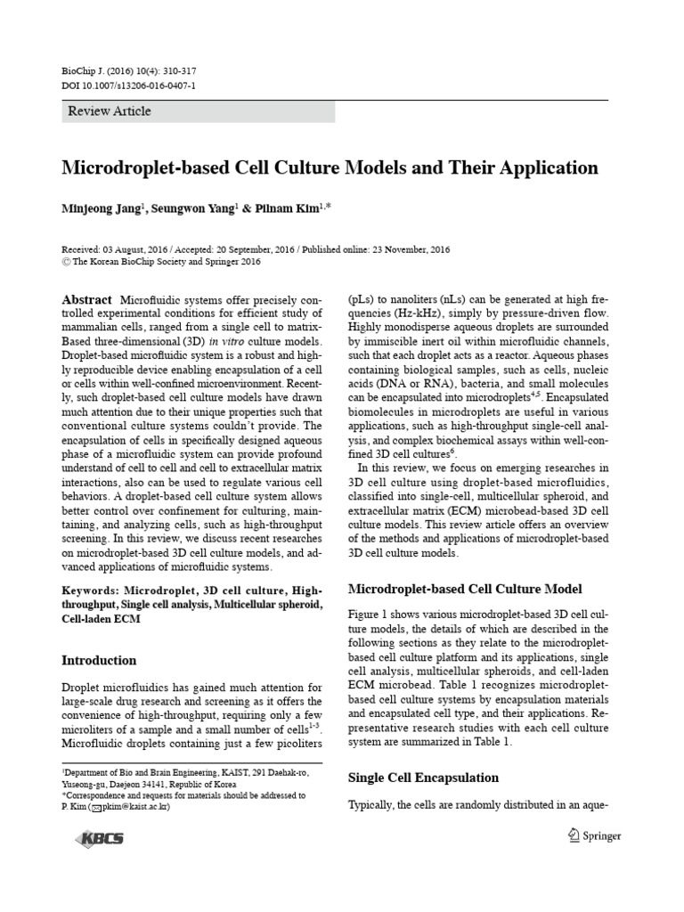 Microdroplet-Based 3D Cell Culture Models | PDF | Microfluidics | Flow ...