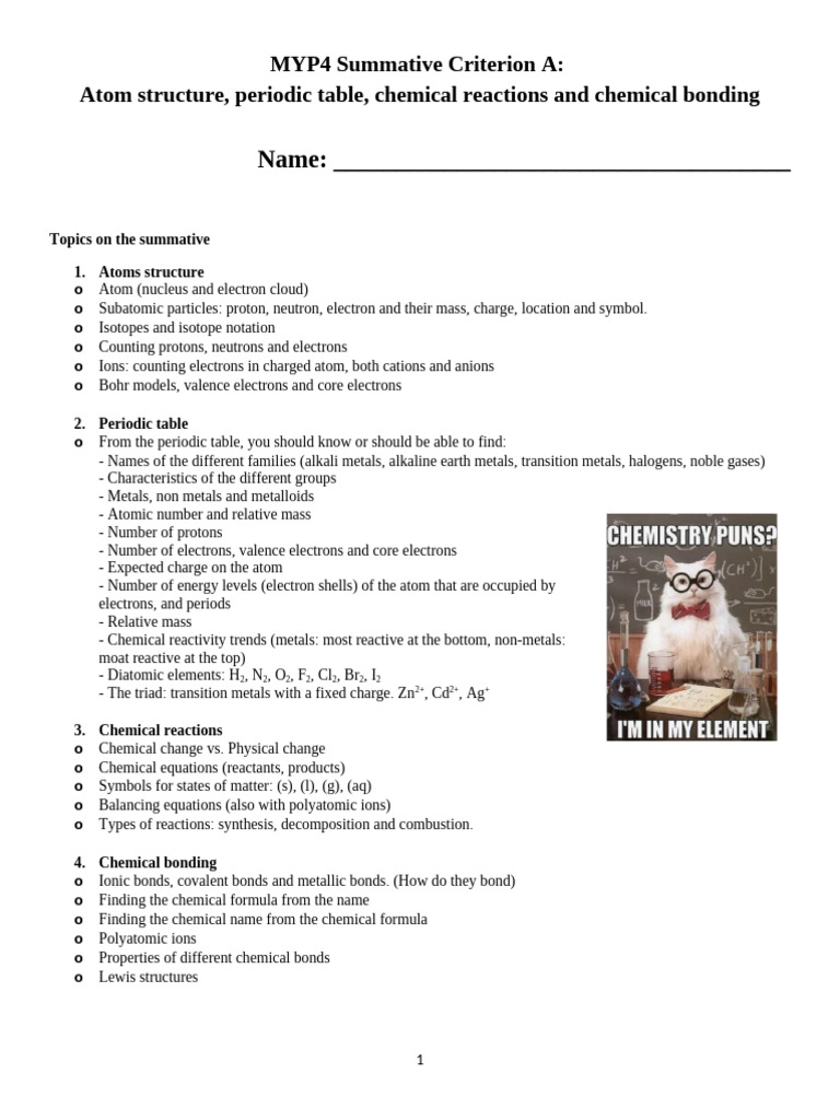 Study Guide MYP4 - Summative Atom Periodic Table Reactions and Bonding ...