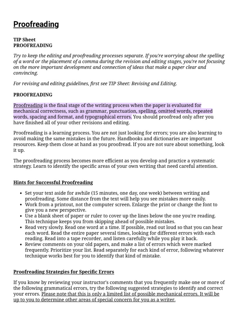 Proofreading - TIP Sheet - Butte College | PDF | Proofreading ...