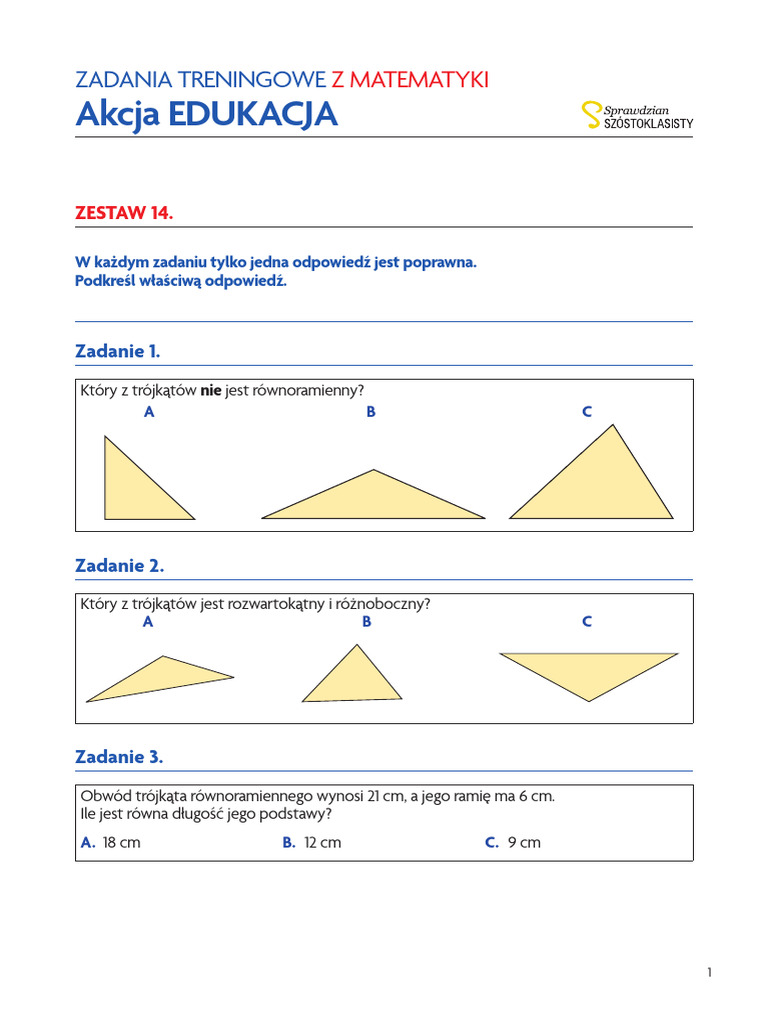 Akcja EDUKACJA Matematyka Zestaw 14 Zadania | PDF