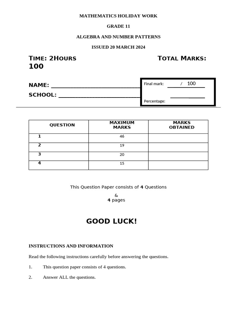 Grade 11 Maths Holiday Work (Question Paper) | PDF | Numbers | Mathematics