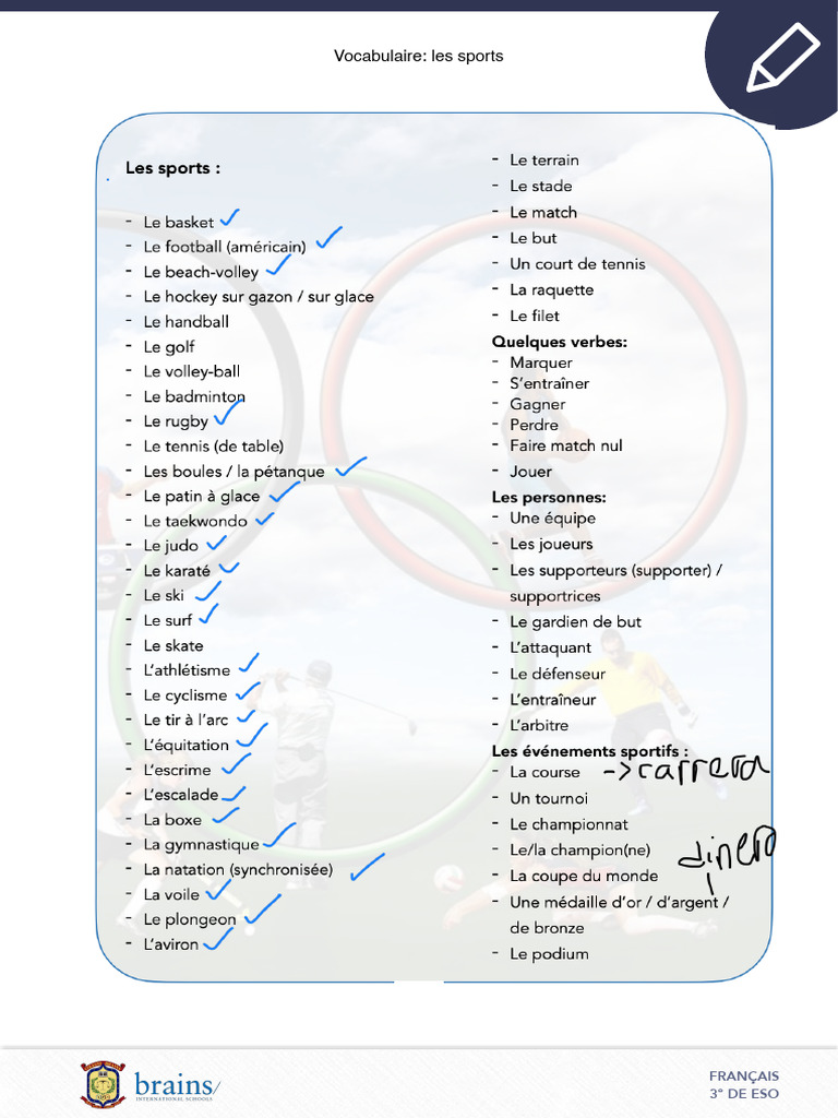 Vocabulaire - Les Sports | PDF