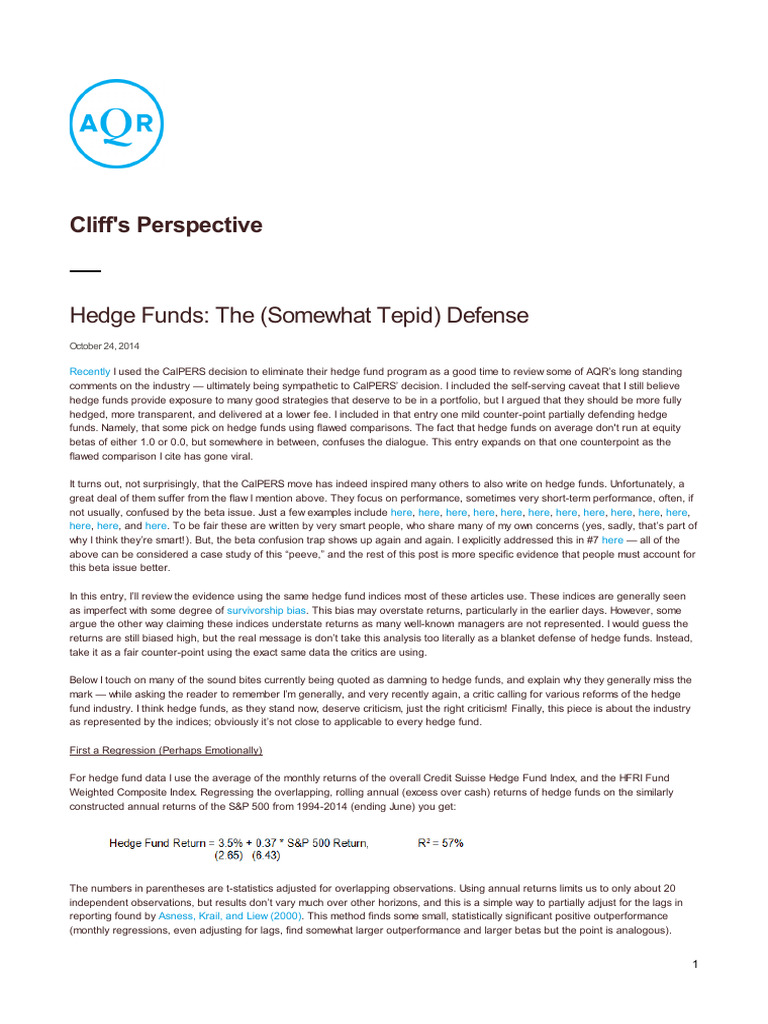 Hedge Funds The Somewhat Tepid Defense | PDF | Beta (Finance) | Hedge Fund