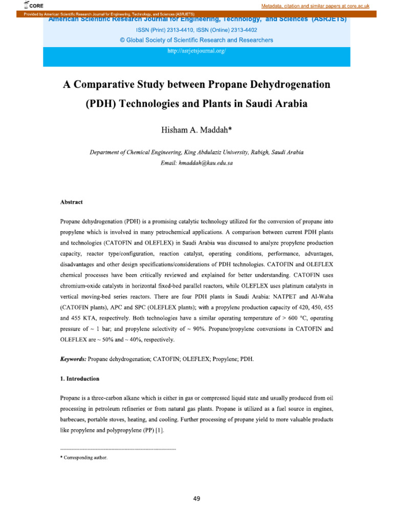 A Comparative Study Between Propane Dehydrogenation Technologies | PDF
