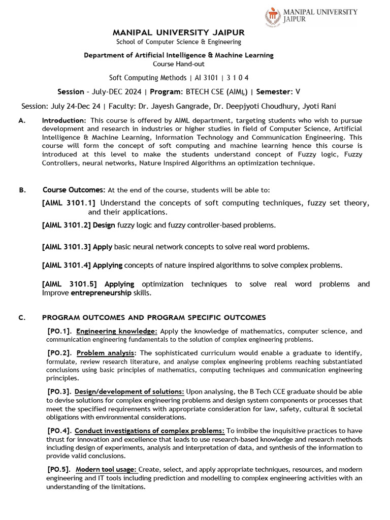 AI3101 AI Soft Computing Methods Course handout | PDF | Fuzzy Logic | Artificial Intelligence