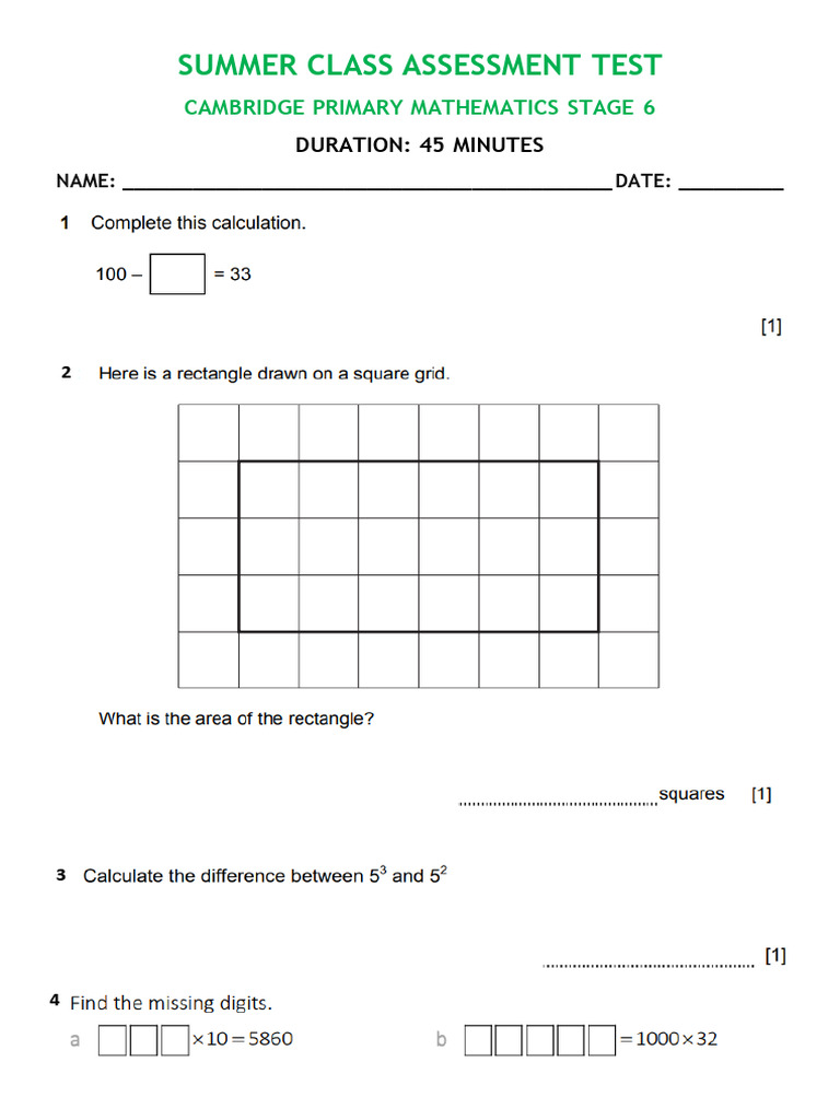 Assessment Test - Online Summer Class | PDF