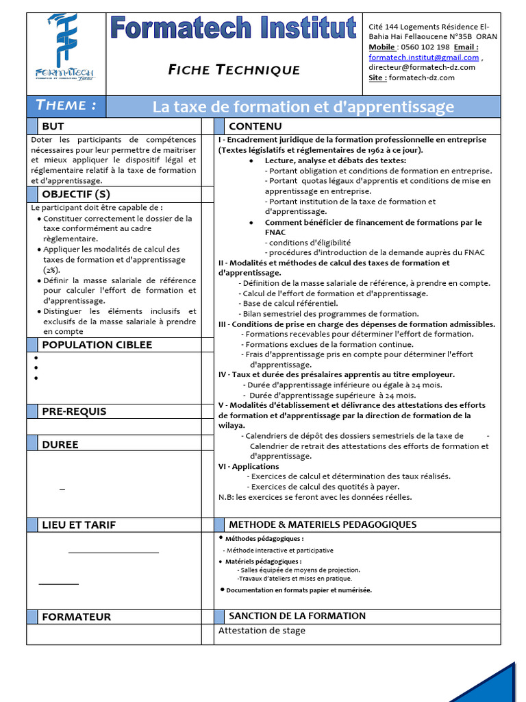 Fiche Formation de La Taxe de La Formation Professionnelle | PDF ...
