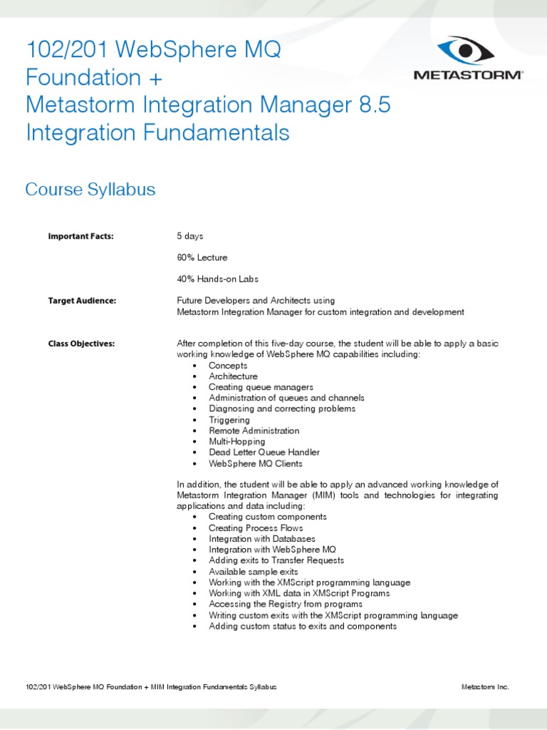 Metastorm MIM 102-201 WebSphere MQ and MIM Integration Fundamentals ...