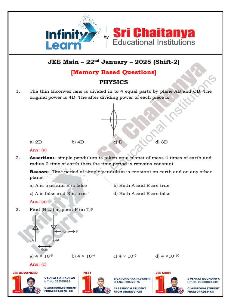 JEE Main 2025 Physics Chemistry Math Solutions | PDF | Force | Resonance