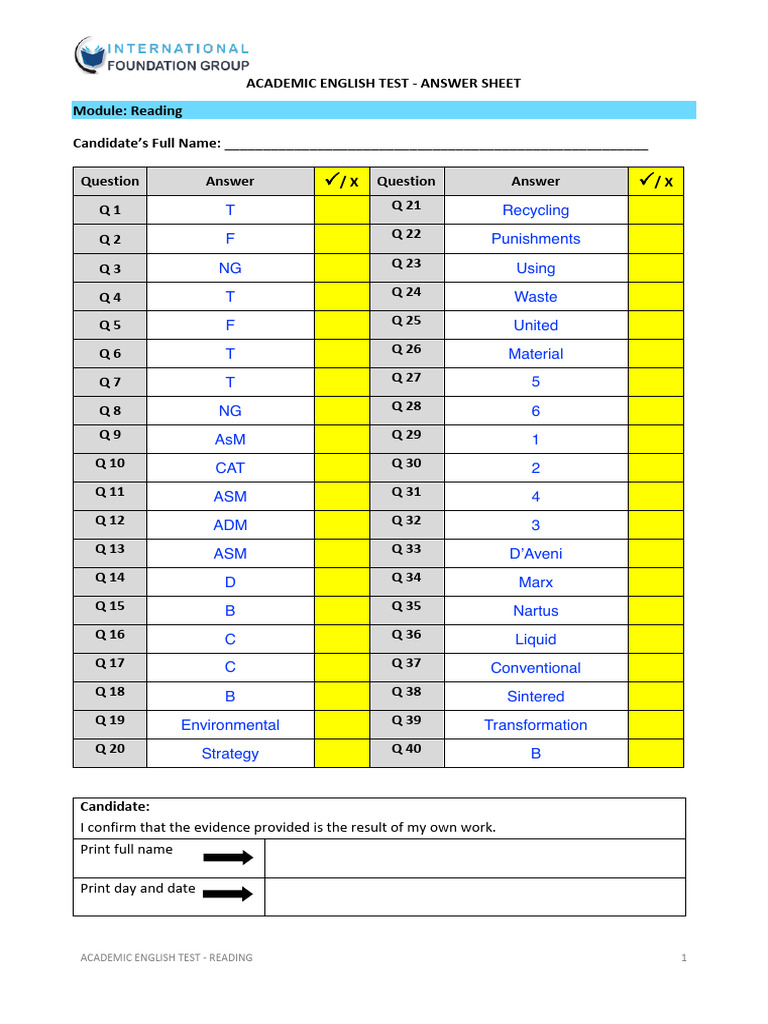 Test 1 - Reading Online - Answer Sheet | PDF