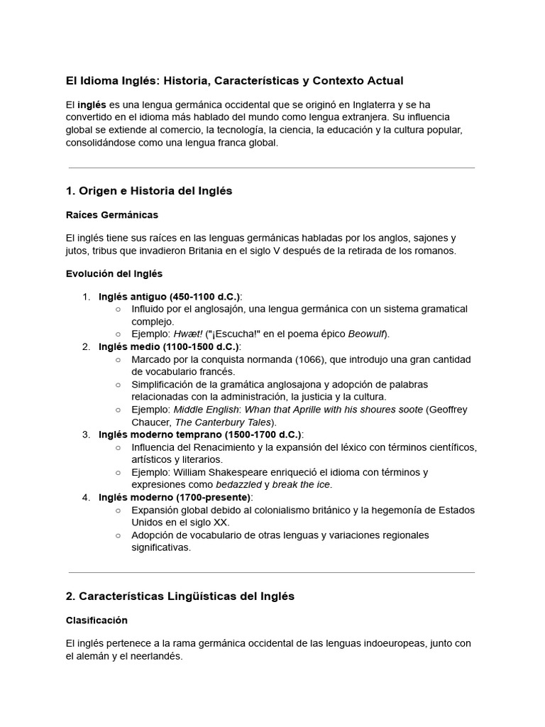 Historia y Evolución del Idioma Inglés | PDF | Idioma en Inglés | Verbo