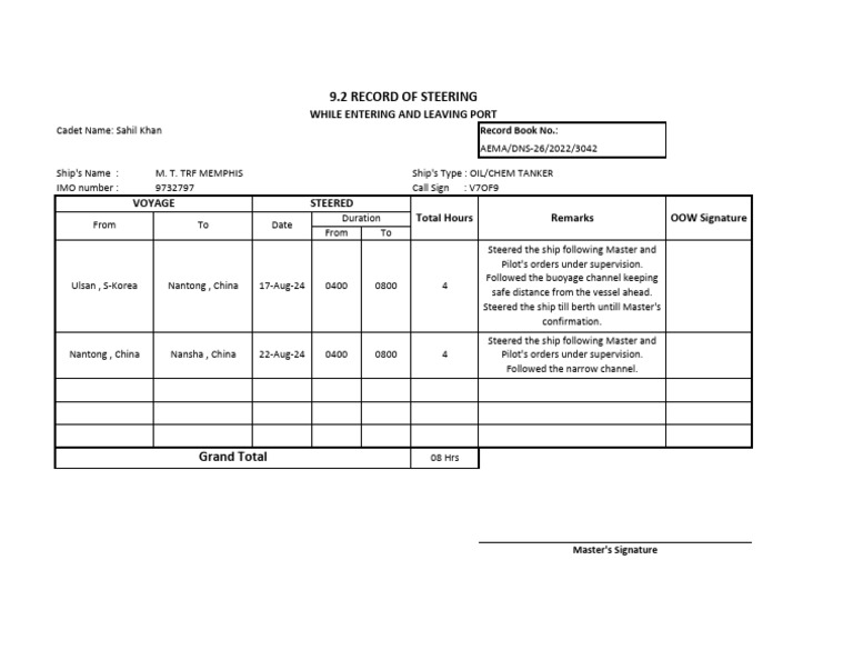 7.record of Steering While Entering and Leaving Port. | PDF
